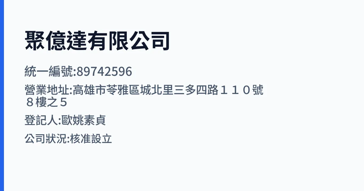 聚億達有限公司 - 統編 89742596(高雄市) 公司登記資料與營業項目詳細圖表