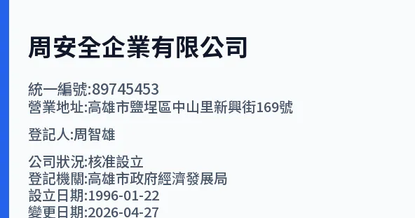 周安全企業有限公司的照片-統編 89745453(高雄市) 公司登記資料與營業項目詳細圖表