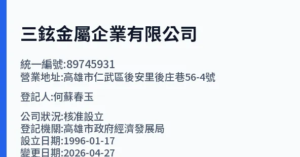 三鉉金屬企業有限公司的照片-統編 89745931(高雄市) 公司登記資料與營業項目詳細圖表
