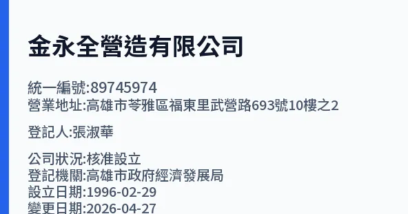 金永全營造有限公司的照片-統編 89745974(高雄市) 公司登記資料與營業項目詳細圖表