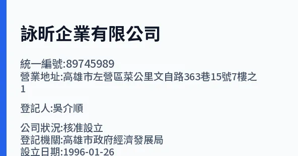 詠昕企業有限公司的照片-統編 89745989(高雄市) 公司登記資料與營業項目詳細圖表