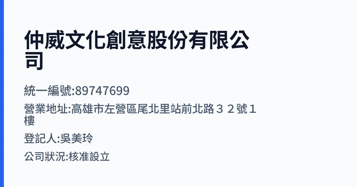 仲威文化創意股份有限公司 - 統編 89747699(高雄市) 公司登記資料與營業項目詳細圖表