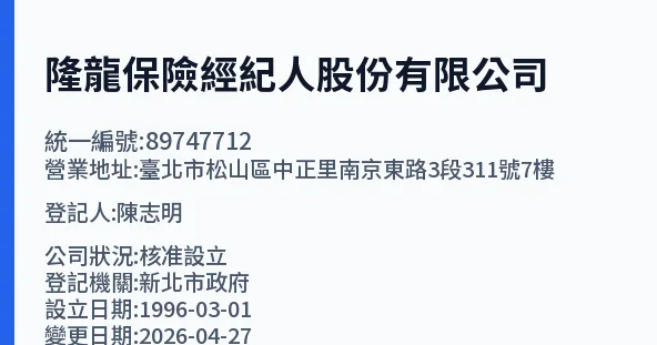 隆龍保險經紀人股份有限公司的照片-統編 89747712(臺北市) 公司登記資料與營業項目詳細圖表