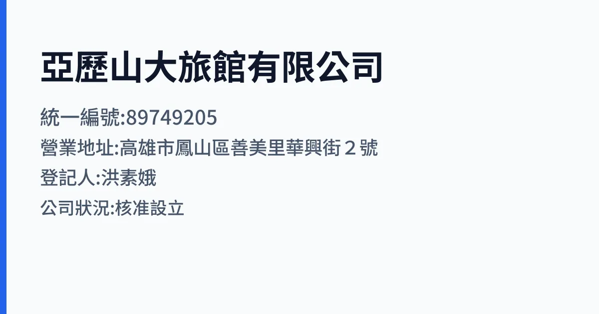 亞歷山大旅館有限公司 - 統編 89749205(高雄市) 公司登記資料與營業項目詳細圖表