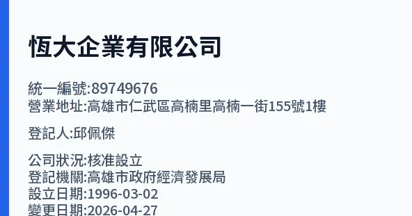 恆大企業有限公司的照片-統編 89749676(高雄市) 公司登記資料與營業項目詳細圖表
