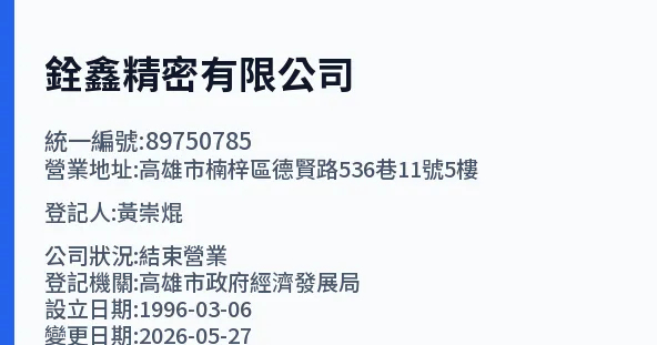 銓鑫精密有限公司的照片-統編 89750785(高雄市) 公司登記資料與營業項目詳細圖表