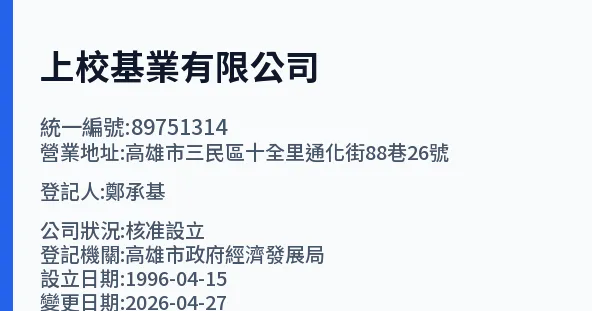 上校基業有限公司的照片-統編 89751314(高雄市) 公司登記資料與營業項目詳細圖表