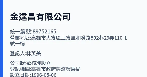 金達昌有限公司的照片-統編 89752165(高雄市) 公司登記資料與營業項目詳細圖表