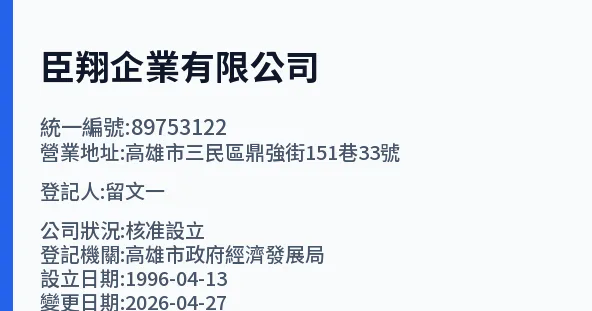 臣翔企業有限公司的照片-統編 89753122(高雄市) 公司登記資料與營業項目詳細圖表