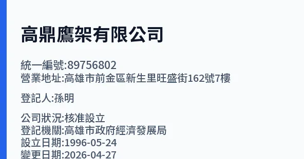 高鼎鷹架有限公司的照片-統編 89756802(高雄市) 公司登記資料與營業項目詳細圖表