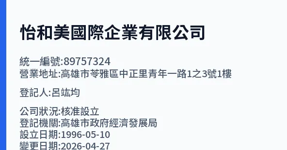 怡和美國際企業有限公司的照片-統編 89757324(高雄市) 公司登記資料與營業項目詳細圖表
