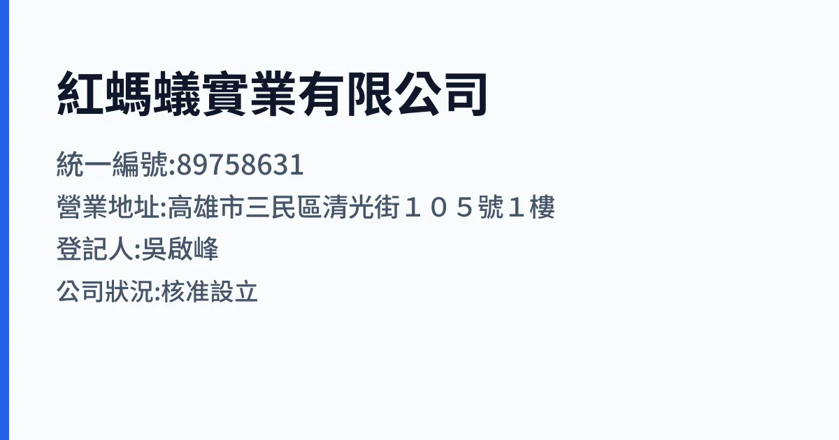 紅螞蟻實業有限公司 - 統編 89758631(高雄市) 公司登記資料與營業項目詳細圖表
