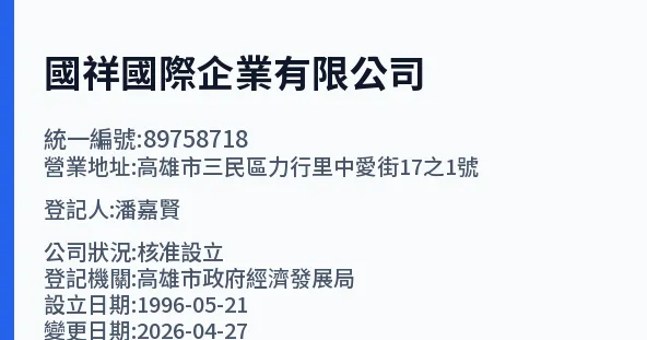 國祥國際企業有限公司的照片-統編 89758718(高雄市) 公司登記資料與營業項目詳細圖表
