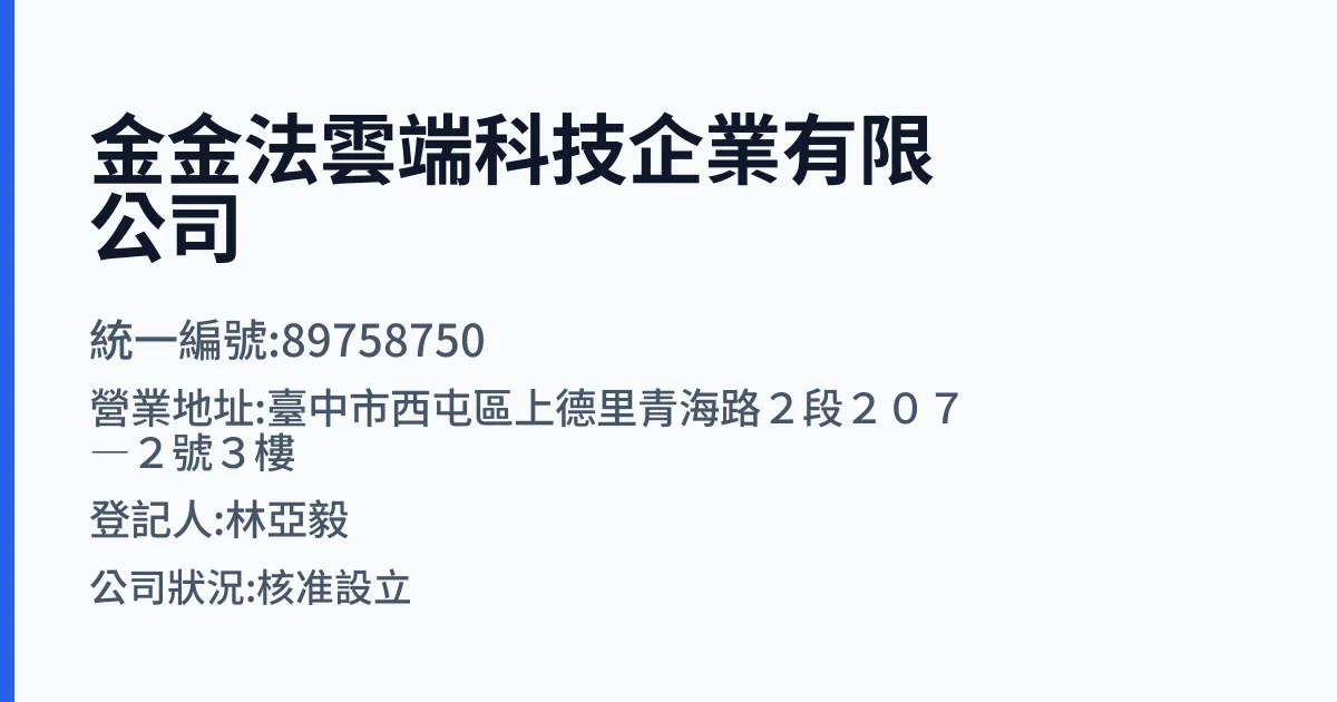 金金法雲端科技企業有限公司 - 統編 89758750(臺中市) 公司登記資料與營業項目詳細圖表