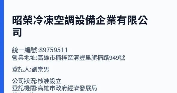 昭榮冷凍空調設備企業有限公司的照片-統編 89759511(高雄市) 公司登記資料與營業項目詳細圖表