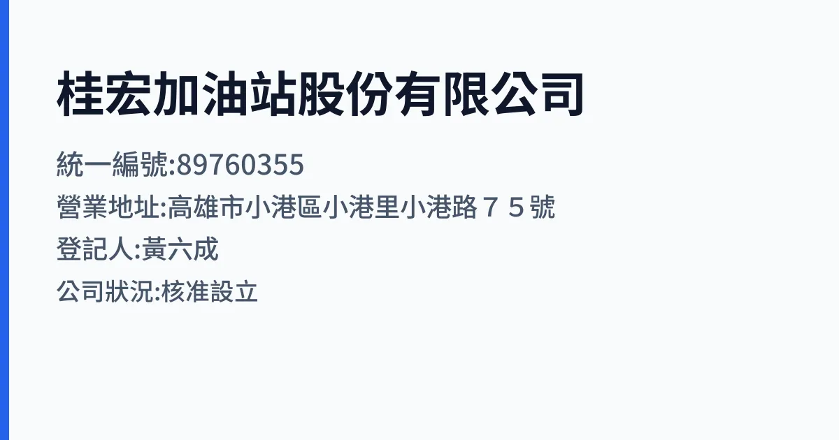 桂宏加油站股份有限公司 - 統編 89760355(高雄市) 公司登記資料與營業項目詳細圖表