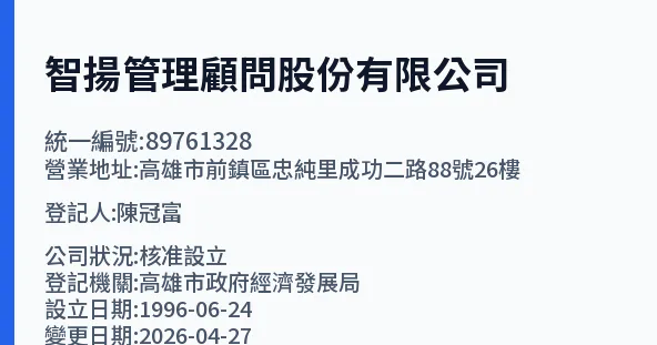 智揚管理顧問股份有限公司的照片-統編 89761328(高雄市) 公司登記資料與營業項目詳細圖表