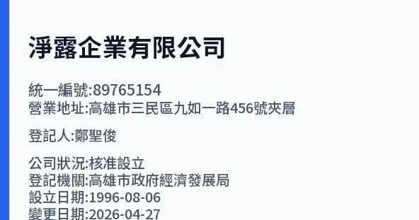 淨露企業有限公司的照片-統編 89765154(高雄市) 公司登記資料與營業項目詳細圖表