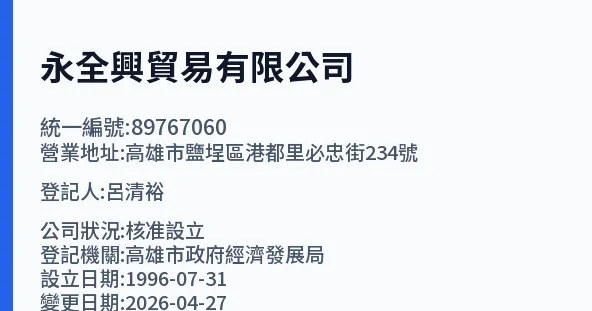 永全興貿易有限公司的照片-統編 89767060(高雄市) 公司登記資料與營業項目詳細圖表
