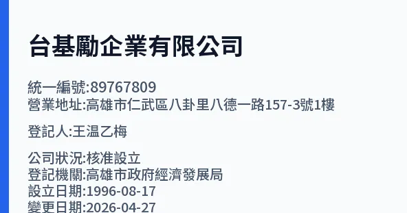 台基勵企業有限公司的照片-統編 89767809(高雄市) 公司登記資料與營業項目詳細圖表