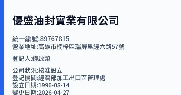 優盛油封實業有限公司的照片-統編 89767815(高雄市) 公司登記資料與營業項目詳細圖表
