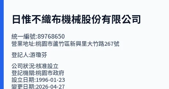 日惟不織布機械股份有限公司的照片-統編 89768650(桃園市) 公司登記資料與營業項目詳細圖表