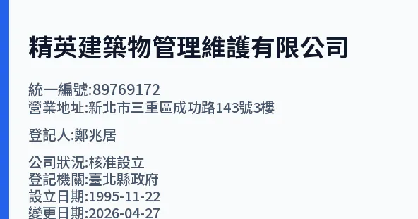 精英建築物管理維護有限公司的照片-統編 89769172(新北市) 公司登記資料與營業項目詳細圖表