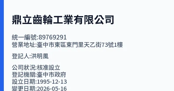 鼎立齒輪工業有限公司的照片-統編 89769291(臺中市) 公司登記資料與營業項目詳細圖表