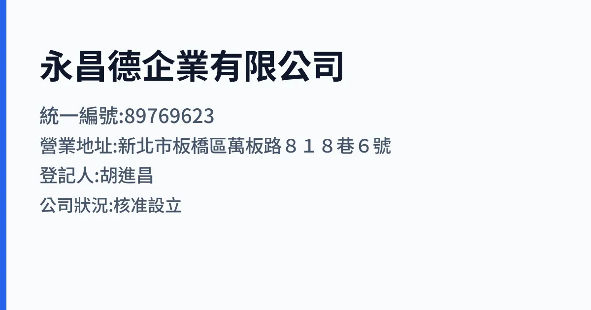 永昌德企業有限公司 - 統編 89769623(新北市) 公司登記資料與營業項目詳細圖表