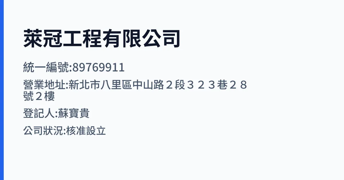 萊冠工程有限公司 - 統編 89769911(新北市) 公司登記資料與營業項目詳細圖表