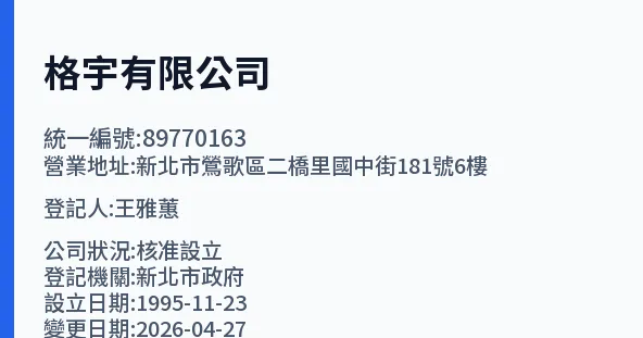 格宇有限公司的照片-統編 89770163(新北市) 公司登記資料與營業項目詳細圖表
