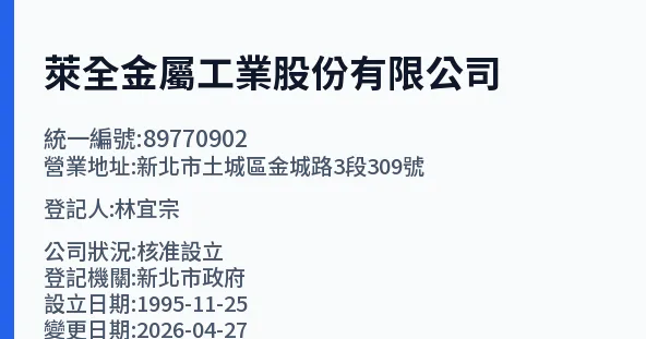 萊全金屬工業股份有限公司的照片-統編 89770902(新北市) 公司登記資料與營業項目詳細圖表
