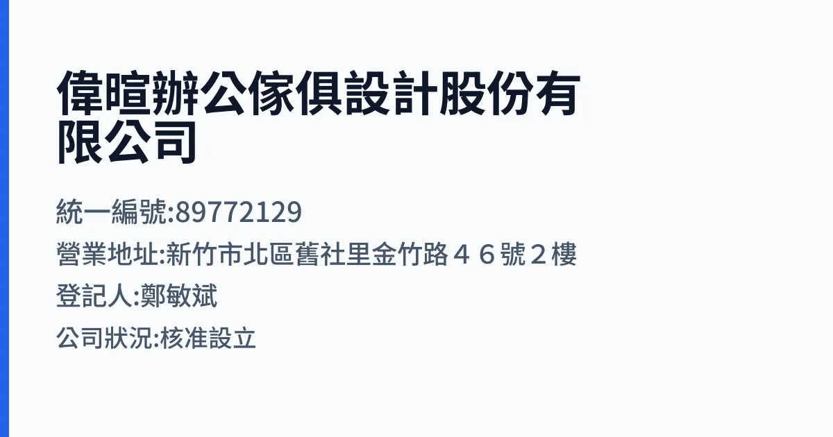 偉暄辦公傢俱設計股份有限公司 - 統編 89772129(新竹市) 公司登記資料與營業項目詳細圖表