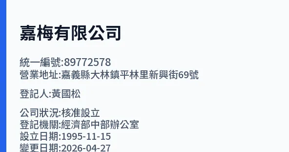 嘉梅有限公司的照片-統編 89772578(嘉義縣) 公司登記資料與營業項目詳細圖表