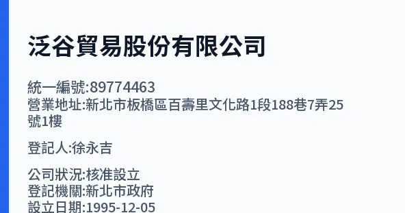 泛谷貿易股份有限公司的照片-統編 89774463(新北市) 公司登記資料與營業項目詳細圖表