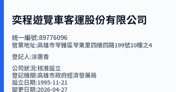 奕程遊覽車客運股份有限公司的照片-統編 89776096(高雄市) 公司登記資料與營業項目詳細圖表