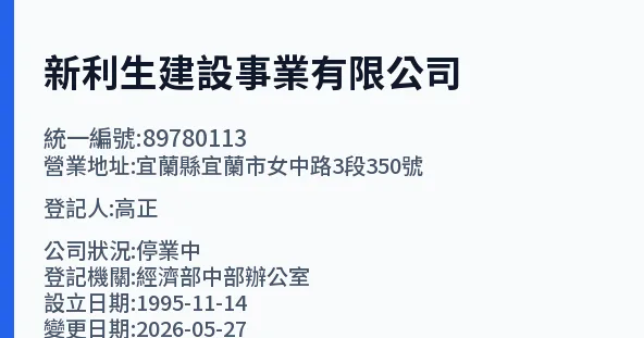 新利生建設事業有限公司的照片-統編 89780113(宜蘭縣) 公司登記資料與營業項目詳細圖表