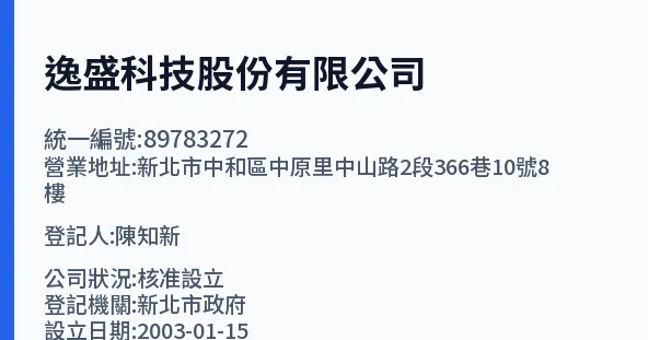 逸盛科技股份有限公司的照片-統編 89783272(新北市) 公司登記資料與營業項目詳細圖表