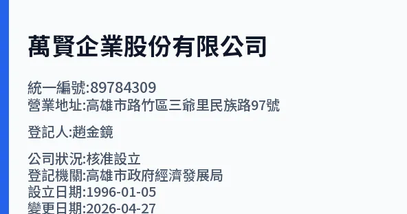 萬賢企業股份有限公司的照片-統編 89784309(高雄市) 公司登記資料與營業項目詳細圖表