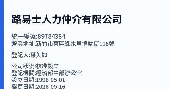 路易士人力仲介有限公司的照片-統編 89784384(新竹市) 公司登記資料與營業項目詳細圖表