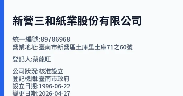 新營三和紙業股份有限公司的照片-統編 89786968(臺南市) 公司登記資料與營業項目詳細圖表