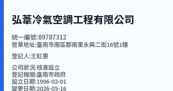 弘葦冷氣空調工程有限公司的照片-統編 89787312(臺南市) 公司登記資料與營業項目詳細圖表