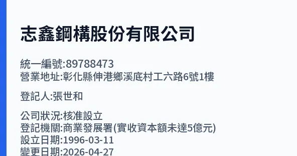 志鑫鋼構股份有限公司的照片-統編 89788473(彰化縣) 公司登記資料與營業項目詳細圖表