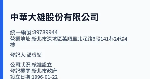 中華大雄股份有限公司的照片-統編 89789944(新北市) 公司登記資料與營業項目詳細圖表