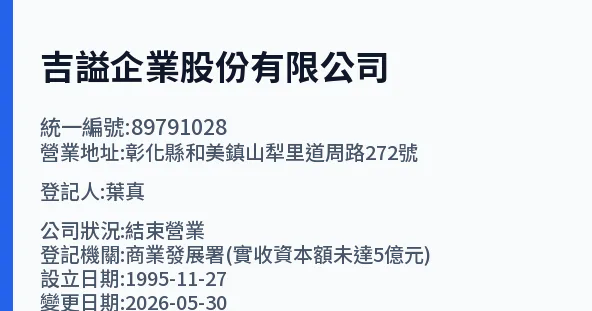 吉謚企業股份有限公司的照片-統編 89791028(彰化縣) 公司登記資料與營業項目詳細圖表