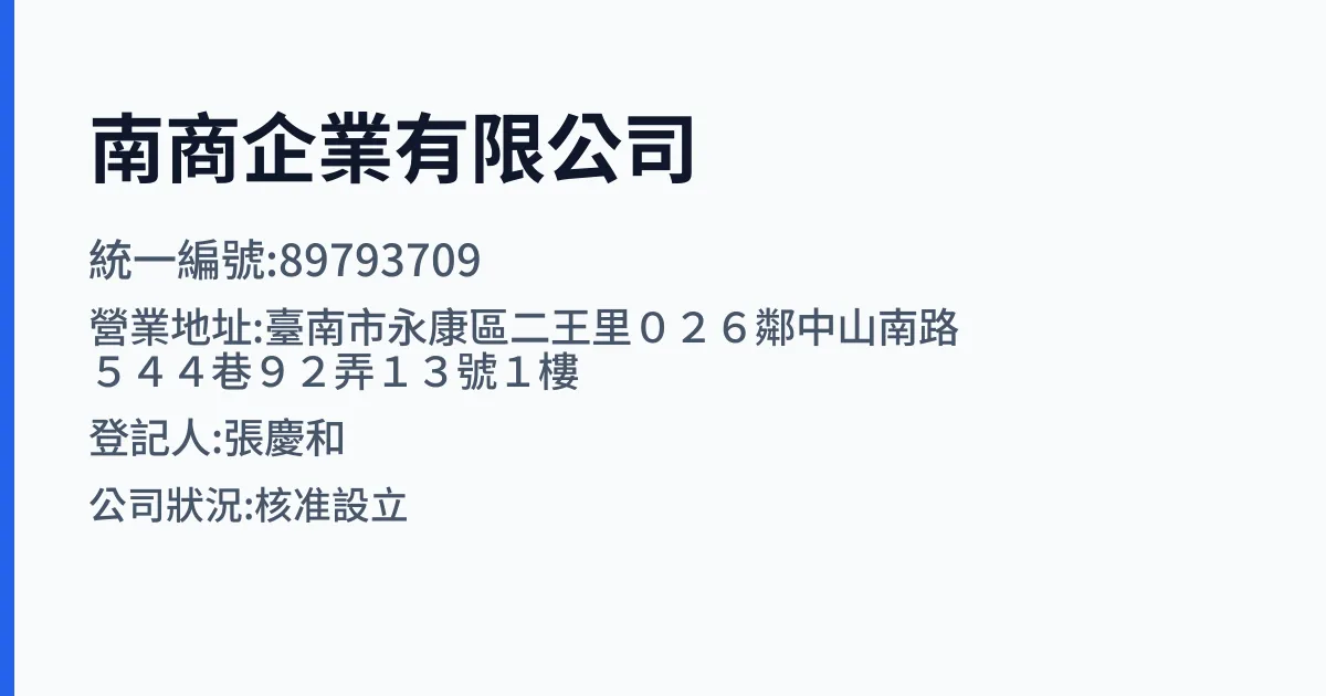 南商企業有限公司 - 統編 89793709(臺南市) 公司登記資料與營業項目詳細圖表