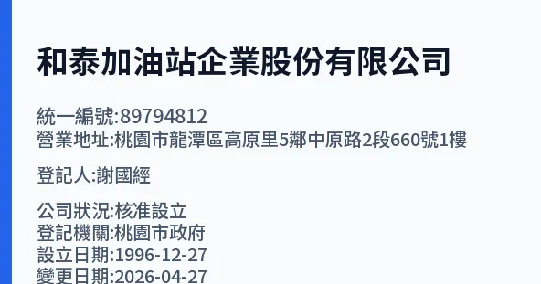 和泰加油站企業股份有限公司的照片-統編 89794812(桃園市) 公司登記資料與營業項目詳細圖表
