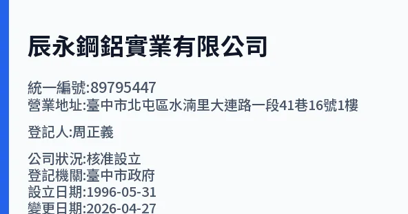 辰永鋼鋁實業有限公司的照片-統編 89795447(臺中市) 公司登記資料與營業項目詳細圖表