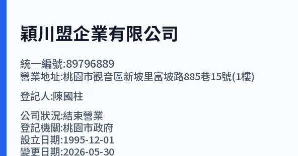穎川盟企業有限公司的照片-統編 89796889(桃園市) 公司登記資料與營業項目詳細圖表