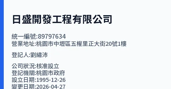 日盛開發工程有限公司的照片-統編 89797634(桃園市) 公司登記資料與營業項目詳細圖表